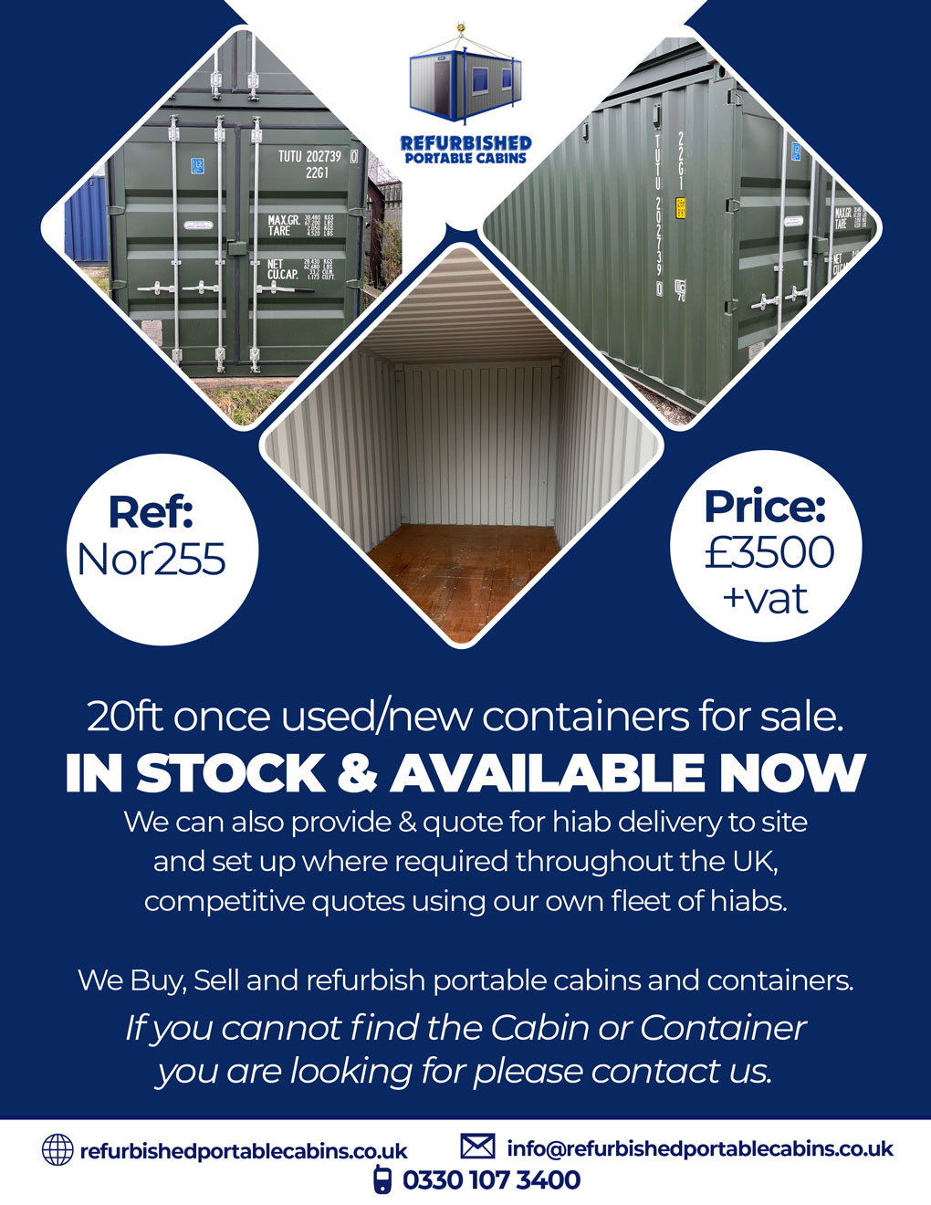 20ft once used/new containers Ref: Nor255 Price £3,500 plus VAT 20 ft ...